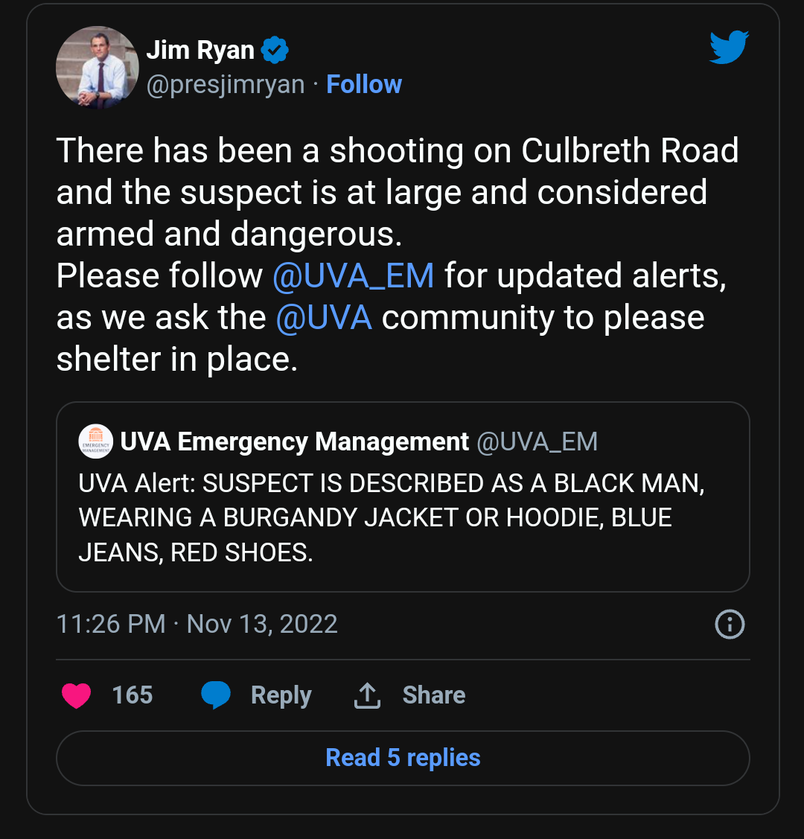 Shared post - Active shooter at large after shots fired at UVA campus ...